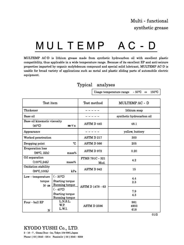 Multi Functional Synthetic Grease: Test Item Test Method Multemp Ac ...