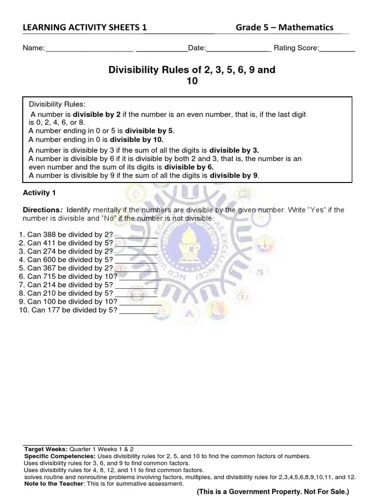 Learning Activity Sheets 1 Grade 5 - Mathematics | PDF | Numbers | Learning