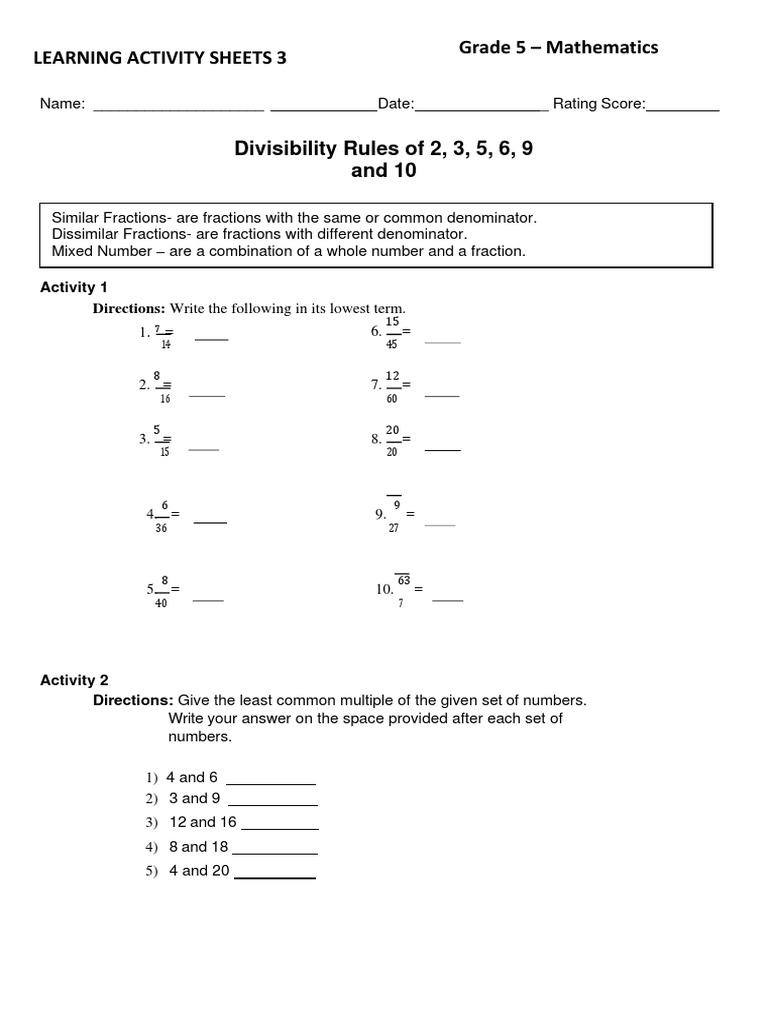 Grade 5 - Mathematics Learning Activity Sheets 3 | PDF | Learning ...