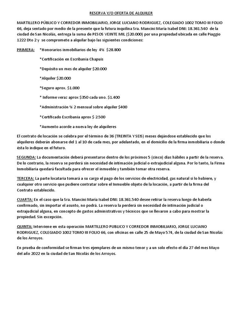 Nueva Reserva de alquiler-MODELO | PDF