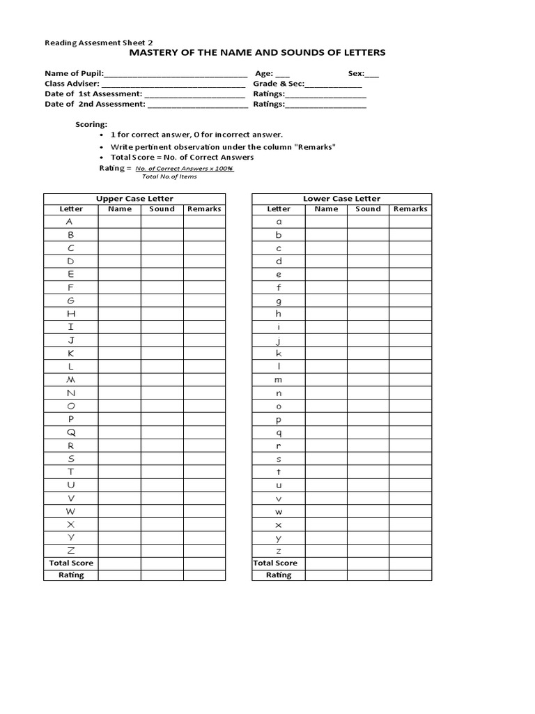 Letter Sounds Mastery Assessment Sheet | PDF | Educational Assessment