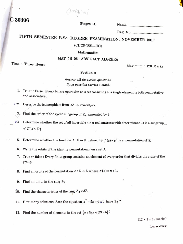 Abstract Algebra 2017 | PDF | Group (Mathematics) | Ring (Mathematics)