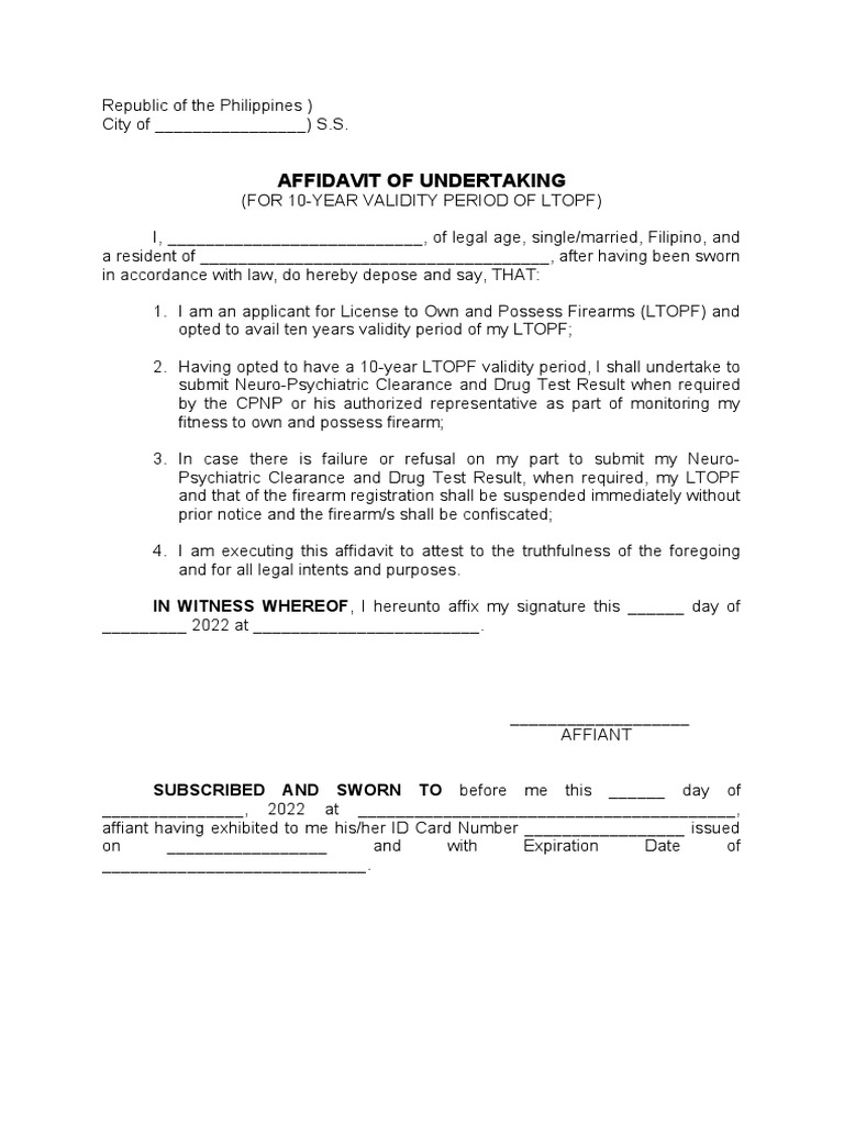 Affidavit of Undertaking For 10 Yr Ltopf | PDF