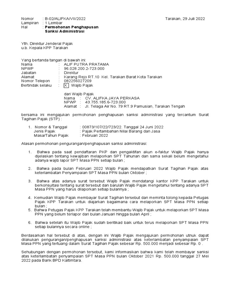 Permohonan Penghapusan Sanksi Pajak | PDF