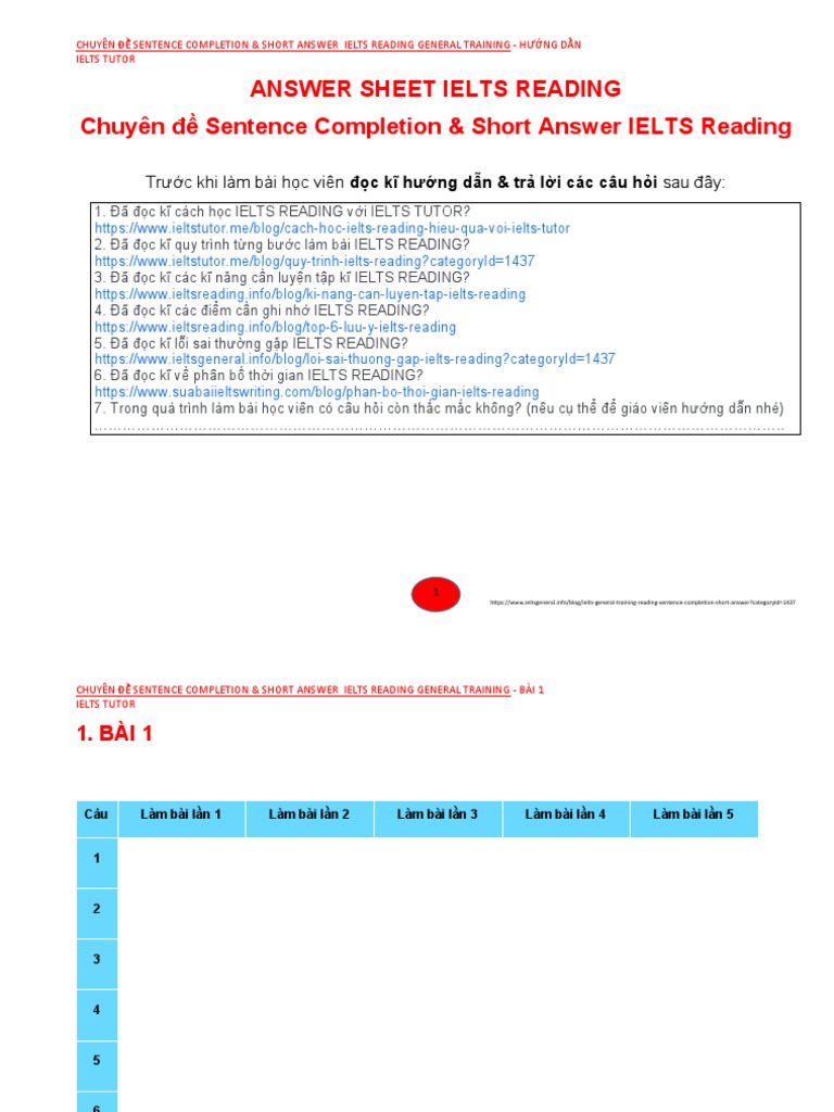 ANSWER SHEET IELTS READING - CHUYÊN ĐỀ SENTENCE COMPLETION & SHORT ...
