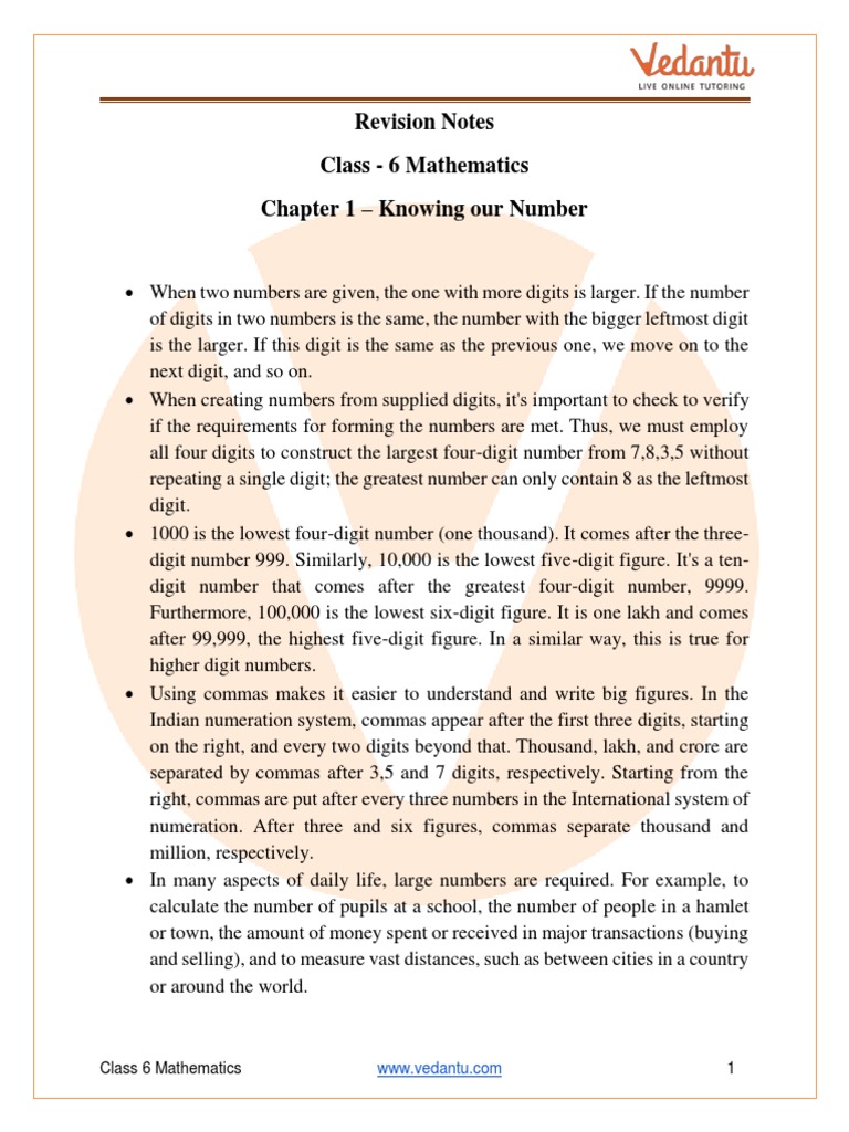 Class 6 Maths CH 1 Revision Notes (NCERT) | PDF | Numbers | Science