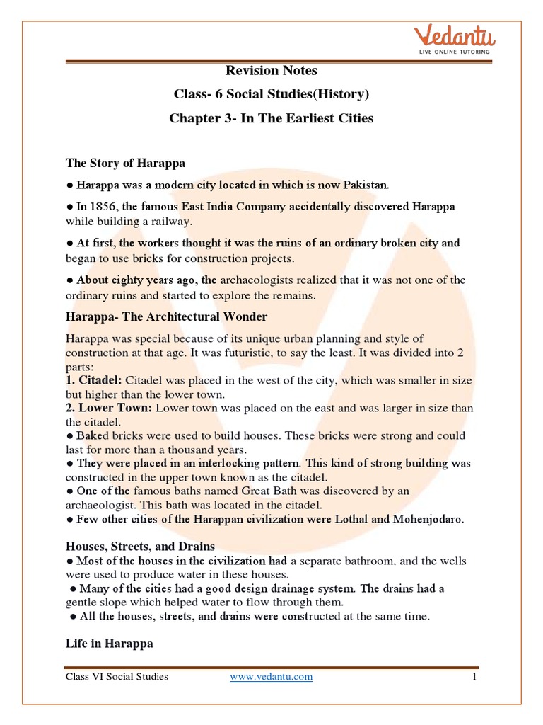 CBSE Class 6 History Chapter 3 Notes - in The Earliest Cities | PDF