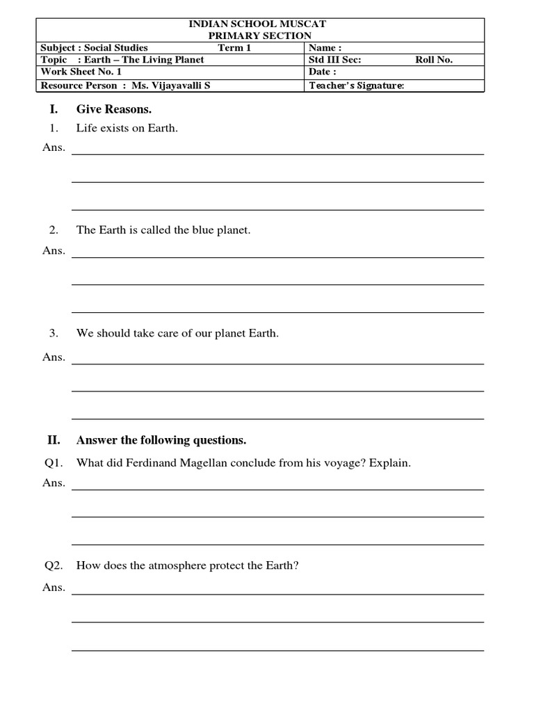 STD 3 Social Studies WS 1 Earth - The Living Planet | PDF