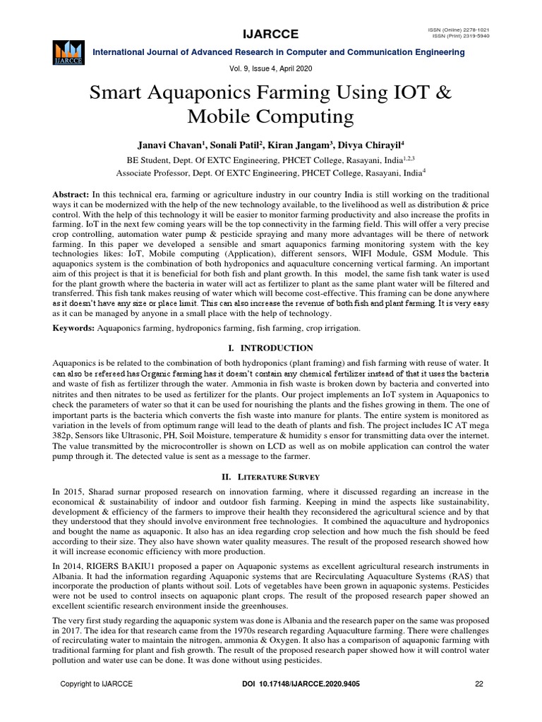 Smart Aquaponics Farming Using IOT & Mobile Computing: Ijarcce | PDF | Aquaponics | General ...
