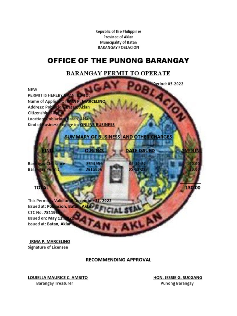 Barangay Business Permit for Irma Marcelino | PDF