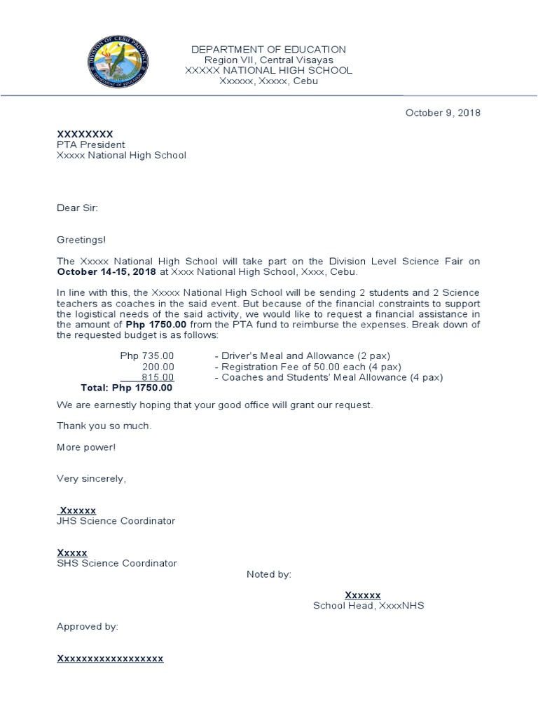 Letter Request - Financial Assistance (PTA) | PDF