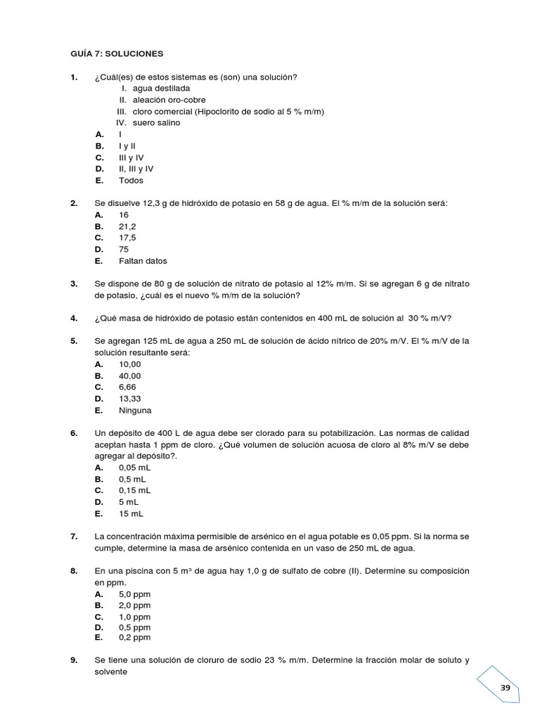 Ejercicios Soluciones | PDF | Concentración | Química