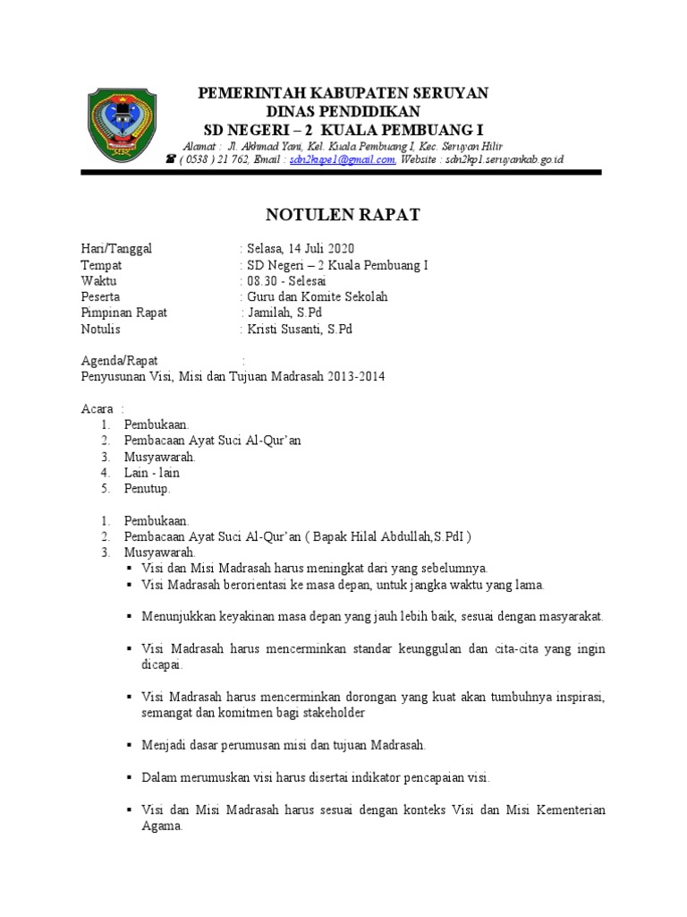 Visi Misi SDN 2 Kuala Pembuang I | PDF