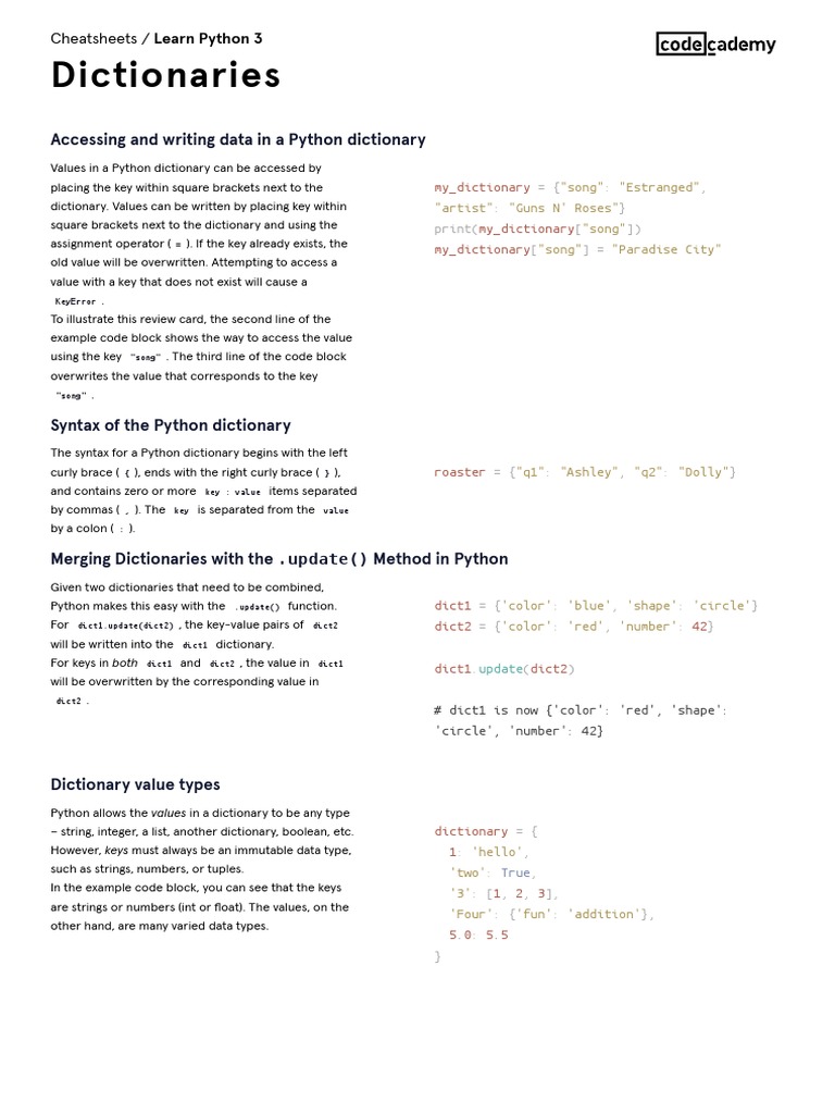Learn Python 3 Dictionaries Pdf Bracket Data Type 0991