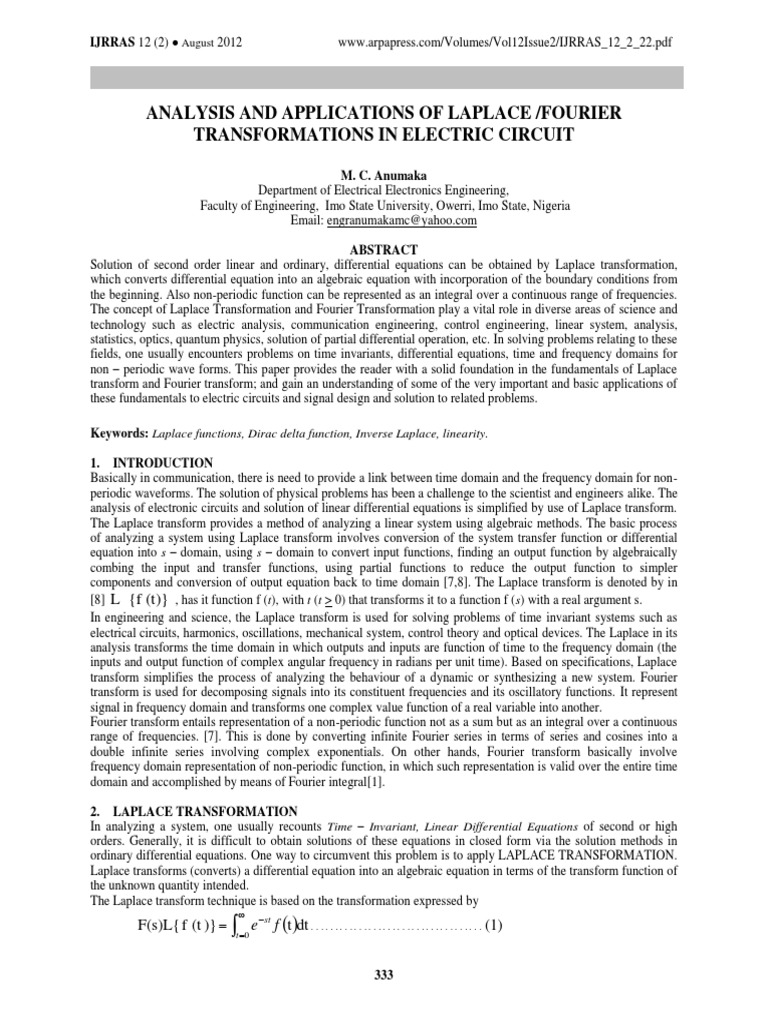 Analysis and Applications of Laplace and Fourier Transforms in Solving Electric Circuit Problems ...