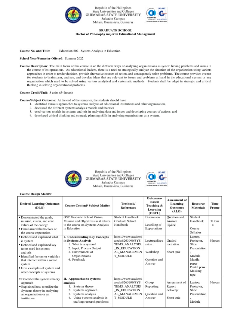 Ed 502 Systems Analysis in Education Course Outline | PDF | System ...