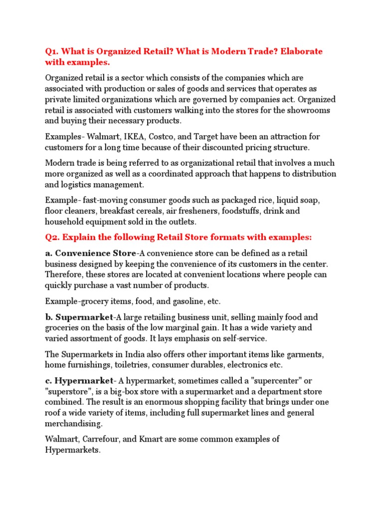 Q1. What Is Organized Retail? What Is Modern Trade? Elaborate With ...