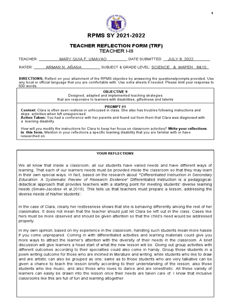 (Appendix 4A) Teacher Reflection Form For T I-III For RPMS SY 2021-2022 ...