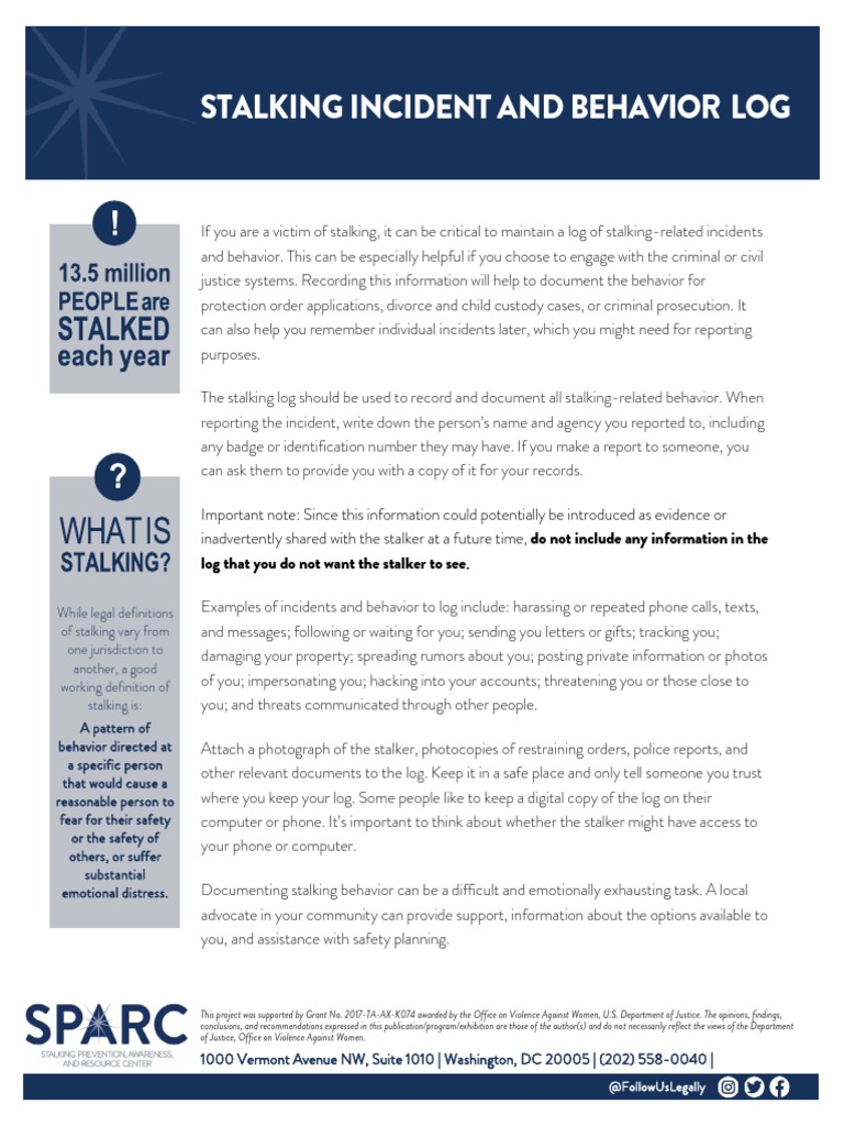 SPARC StalkingLogInstructions 2018 FINAL | PDF | Stalking | Restraining ...