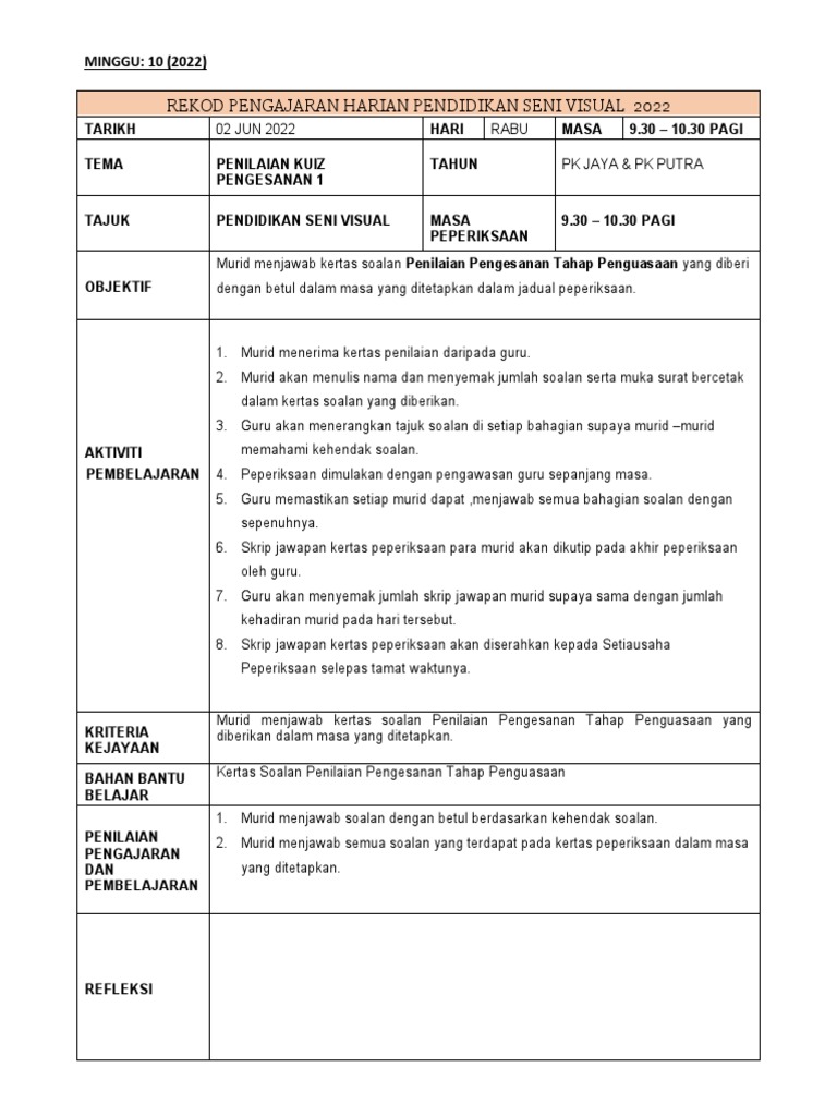 RPH Pendidikan Seni Visual Kuiz 2 Jun 2022 | PDF