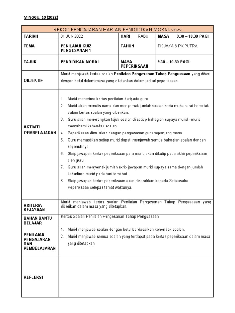 RPH PENDIDIKAN MORAL KUIZ 1 JUN 2022 | PDF