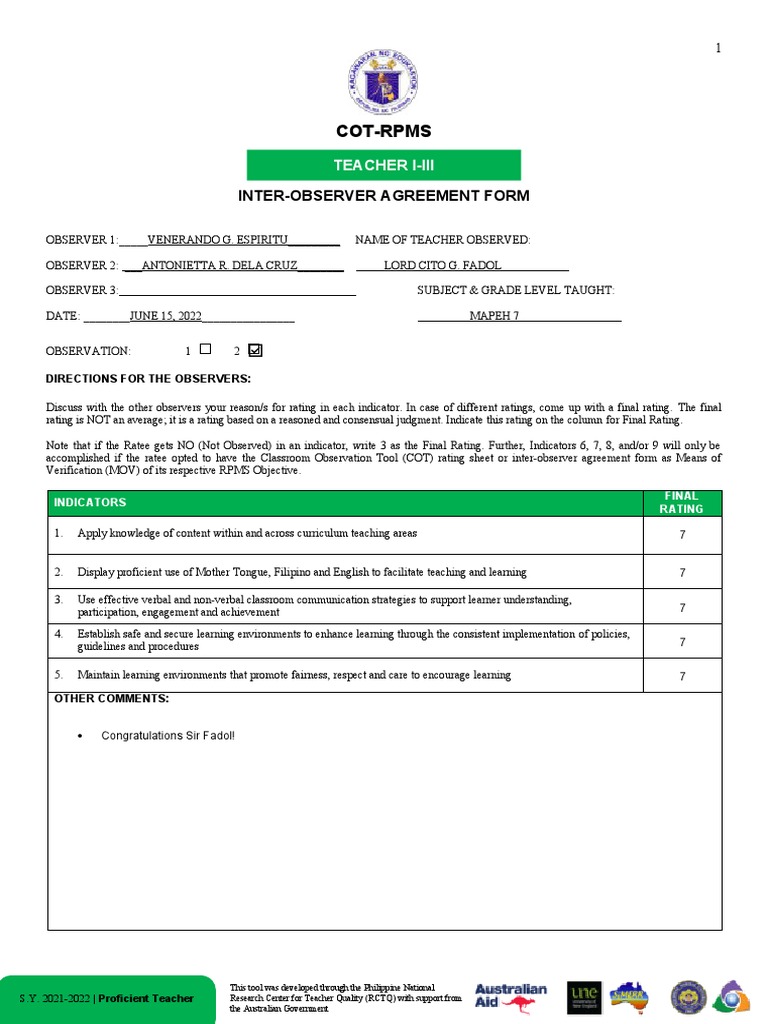 COT1 RPMS Inter Observer Agreement Form | Download Free PDF | Learning ...
