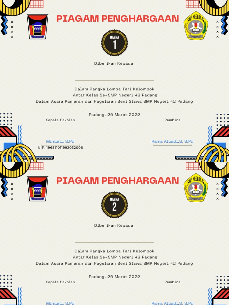 Piagam Penghargaan Juara Lomba Seni SMP Negeri 42 Padang | PDF
