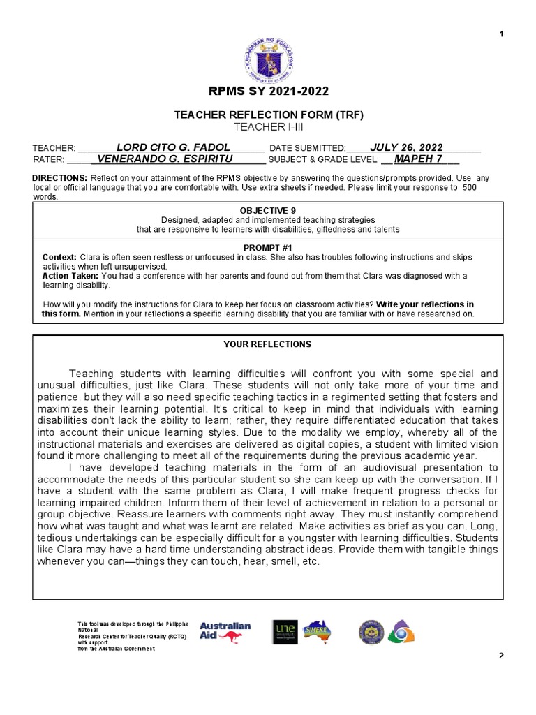 Appendix 4A Teacher Reflection Form For T I III For RPMS SY 2021 2022 ...