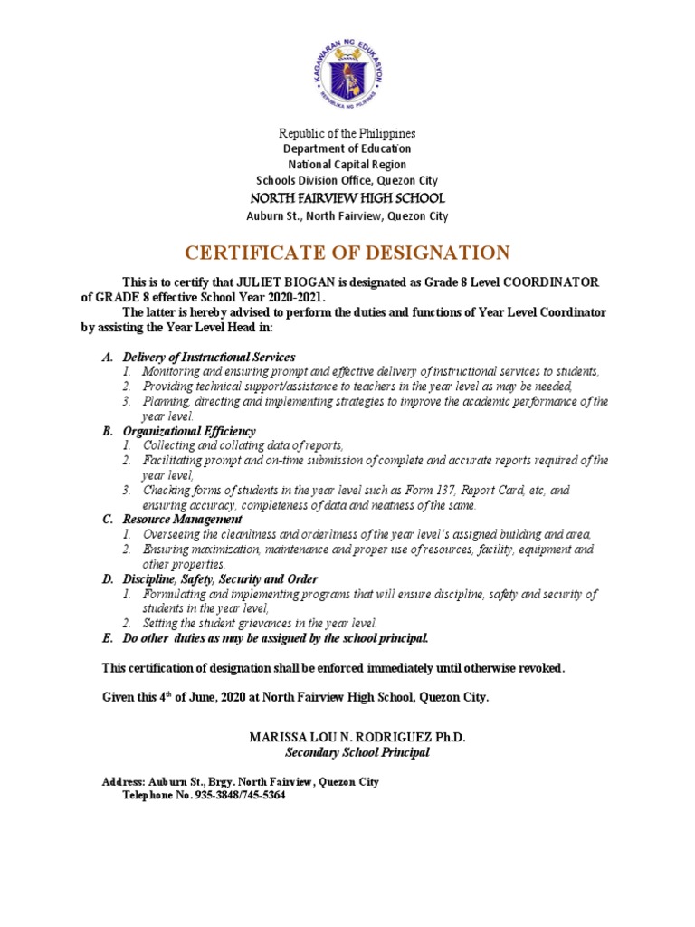 CERTIFICATE OF DESIGNATION Kindly Edit Your Own | PDF | Teachers ...
