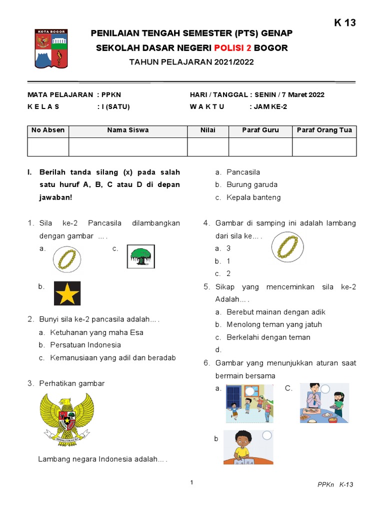 Soal PTS PPKN Kelas 1 | PDF
