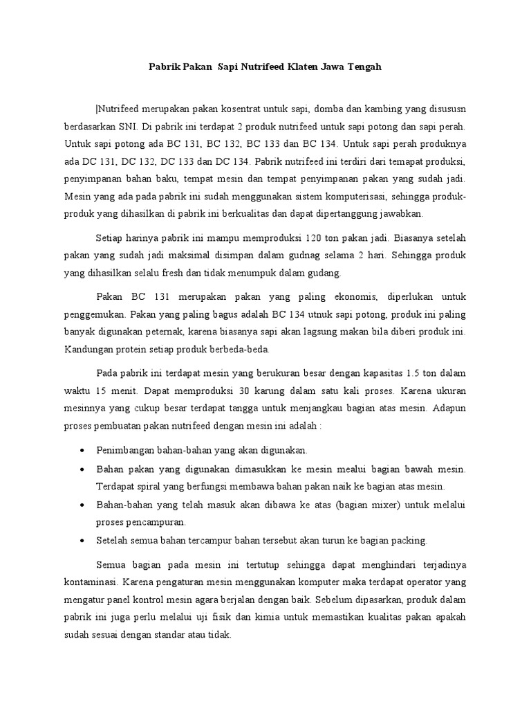 Pabrik Pakan Sapi Nutrifeed Klaten Jawa Tengah | PDF