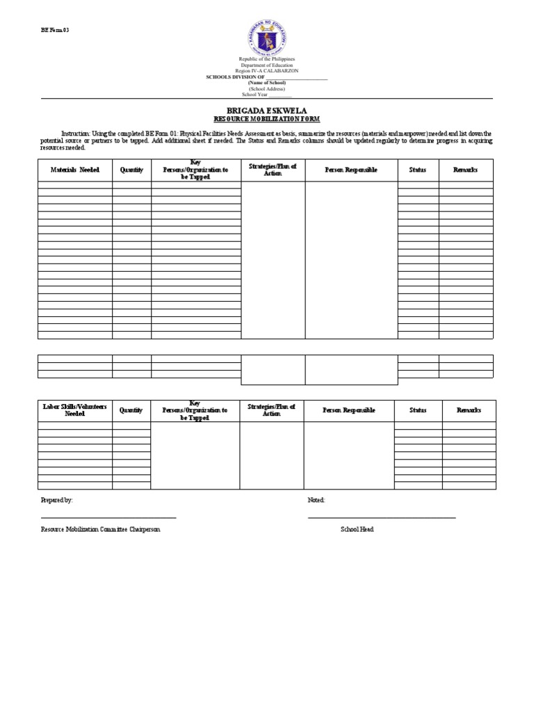 BE Form 3 RESOURCE MOBILIZATION FORM | PDF