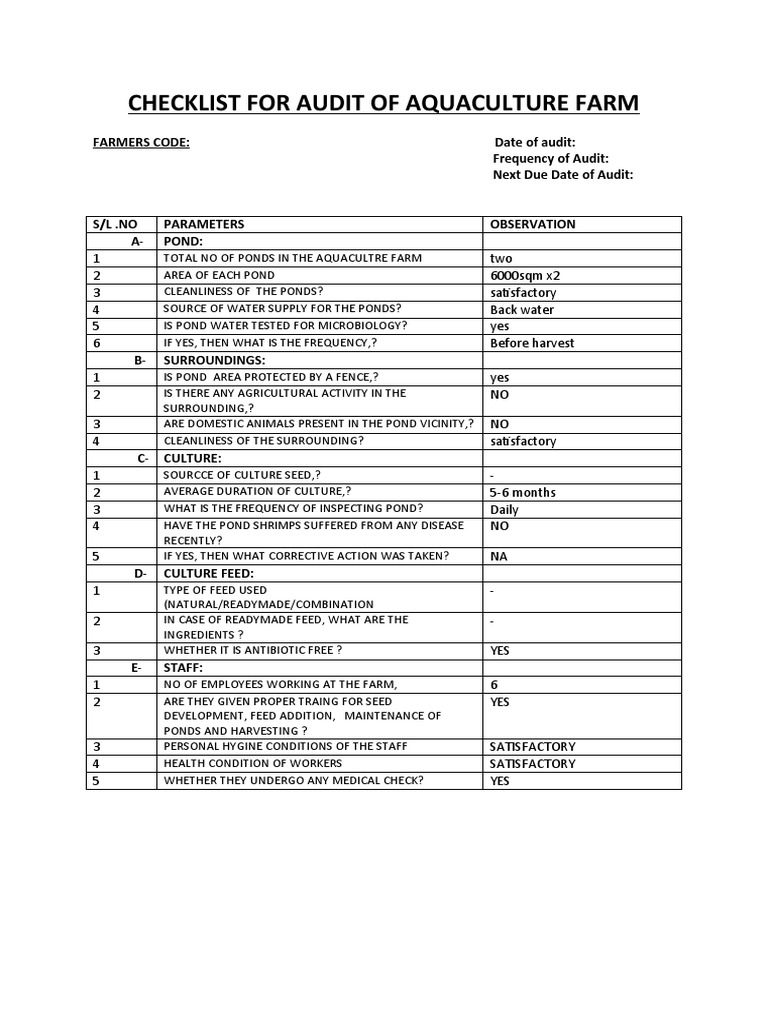 Checklist For Audit of Aquacultue Farm | PDF | Aquaculture | Agriculture