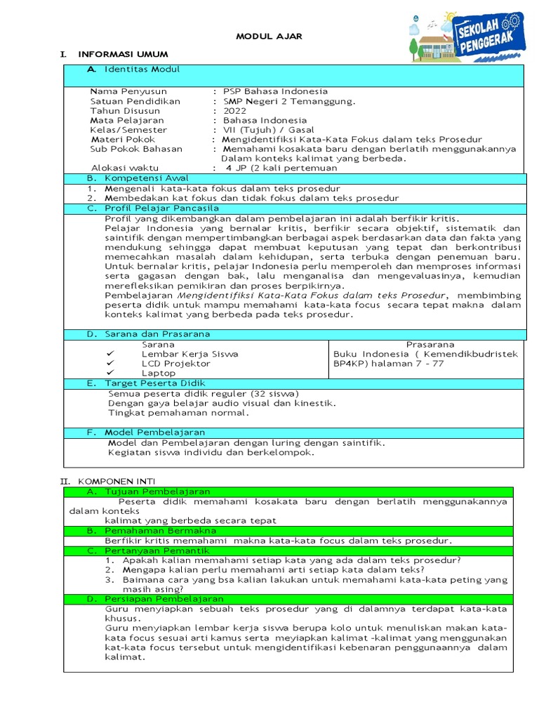Contoh Modul Ajar Teks Prosedur B. Indonesia | PDF
