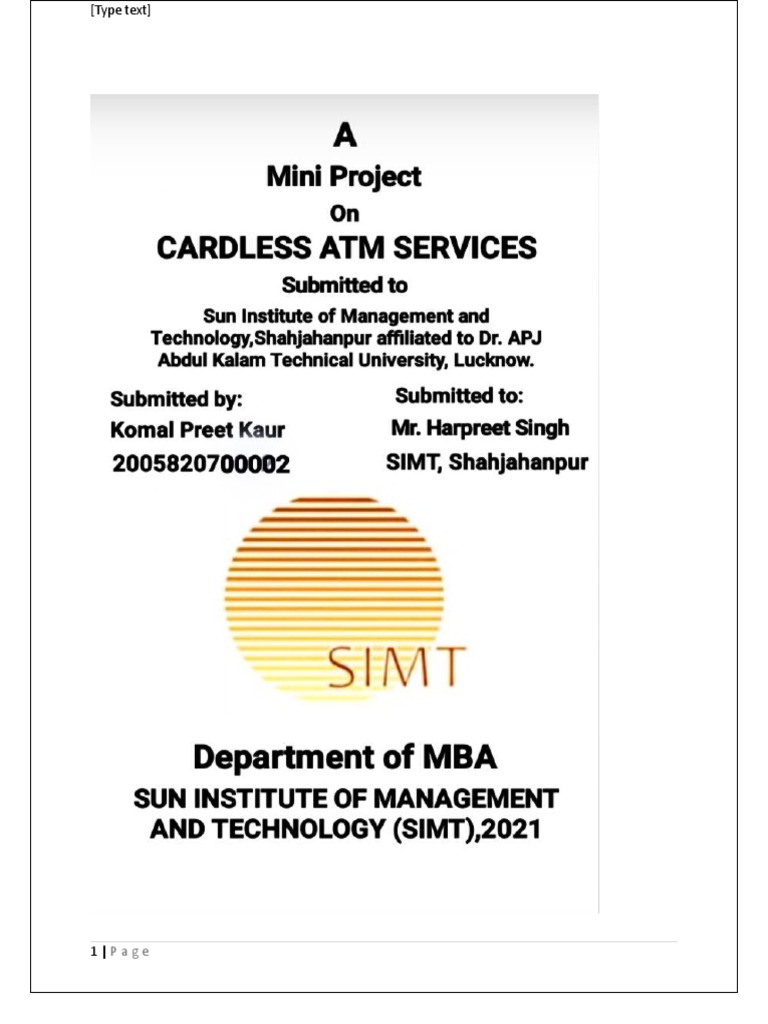 Mini Project On CARDLESS ATM SERVICES by Komal Preet Kaur | PDF | Automated Teller Machine ...