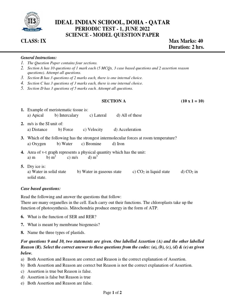 CLASS IX Science PT 1 Model Question Paper | PDF | Acceleration ...