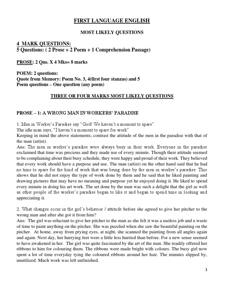First Language English: 4 Mark Questions: 5 Questions: (2 Prose + 2 ...