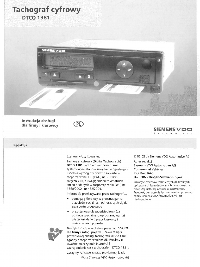 SIEMENS VDO Tachograf Cyfrowy DTCO 1381 - Instrukcja Obsługi | PDF