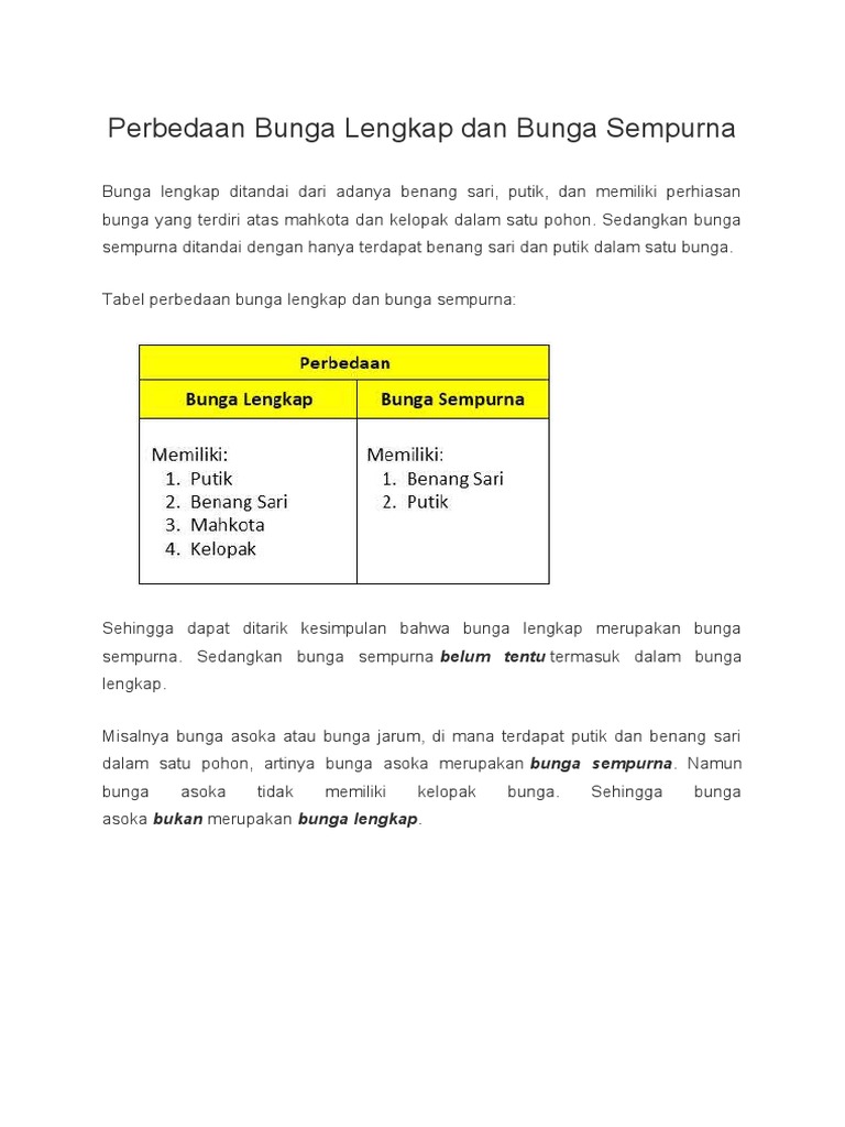 Perbedaan Bunga Lengkap Dan Bunga Sempurna | PDF