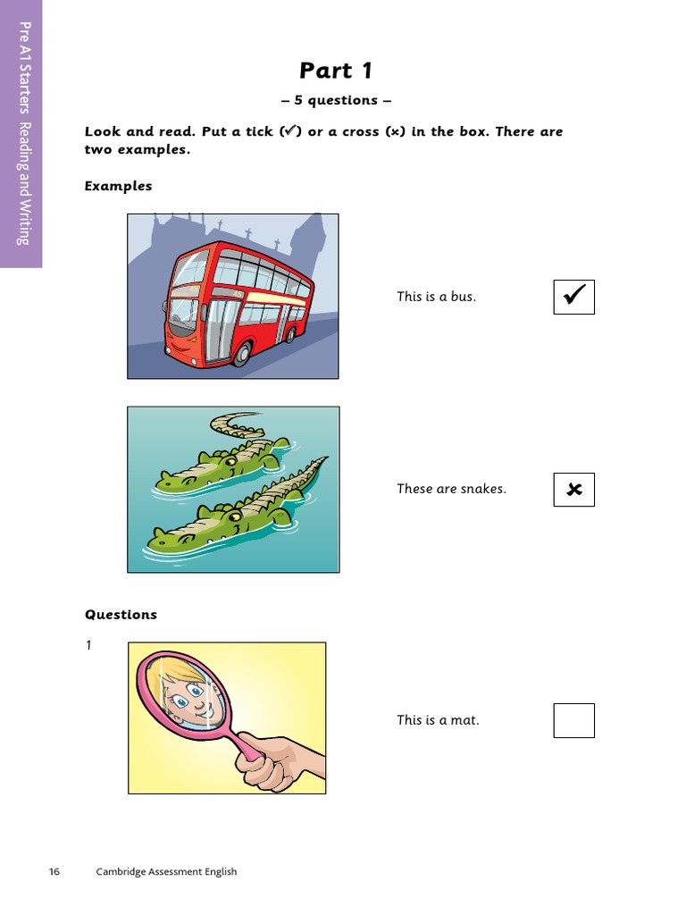 5 Questions - Look and Read. Put A Tick ( ) or A Cross ( ) in The Box ...