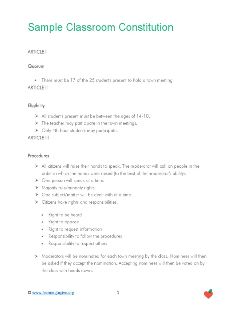 Sample Classroom Constitution | PDF | Quorum | Constitutional Law