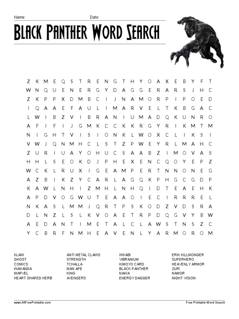 Black Panther Word Search: Name: Date | PDF | Comics | Marvel Comics