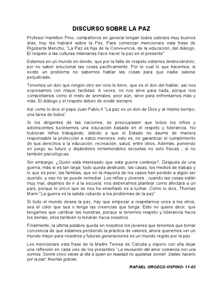 Discurso Sobre La Paz | PDF | Paz | Tolerancia