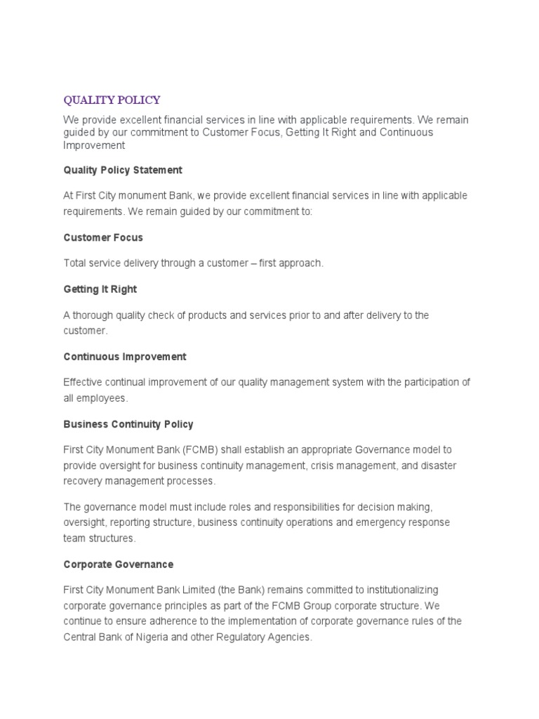 FCMB Quality and Governance Policies | PDF | Finance & Money Management