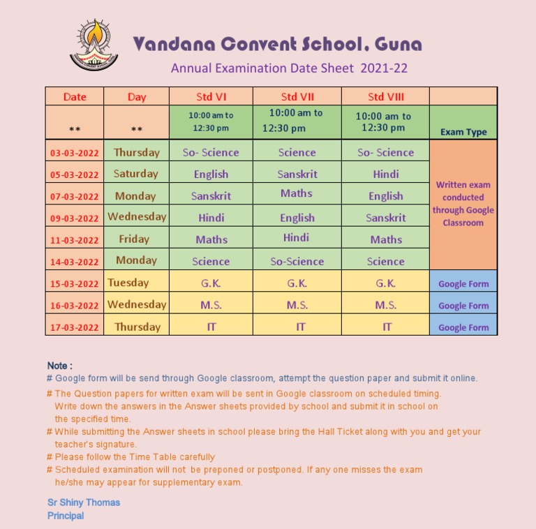 Vandana Convent School, Guna: Annual Examination Date Sheet 2021-22 | PDF
