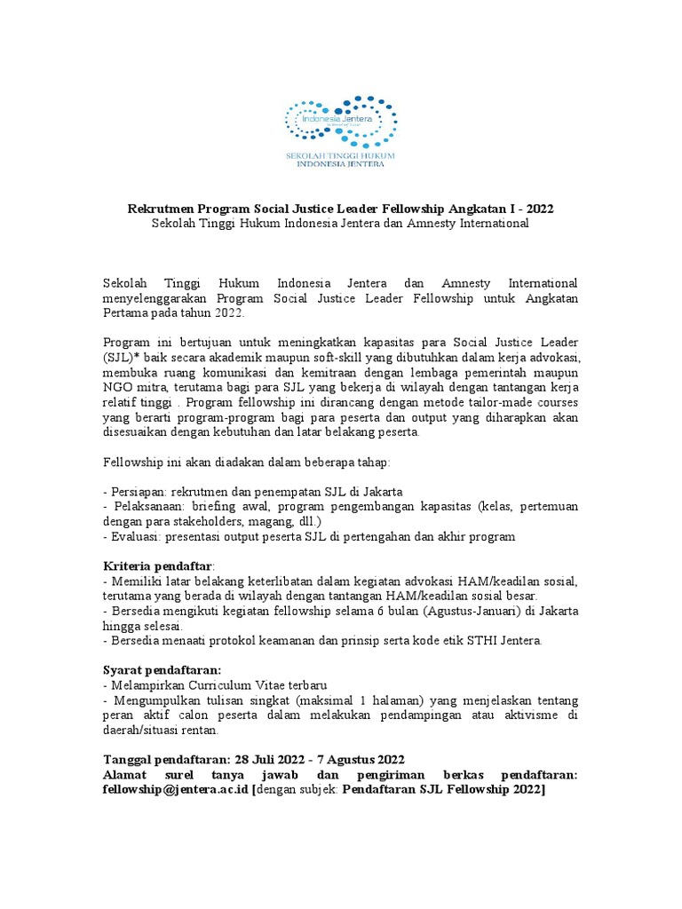 Pengumuman Rekrutmen SJL Fellowship | PDF