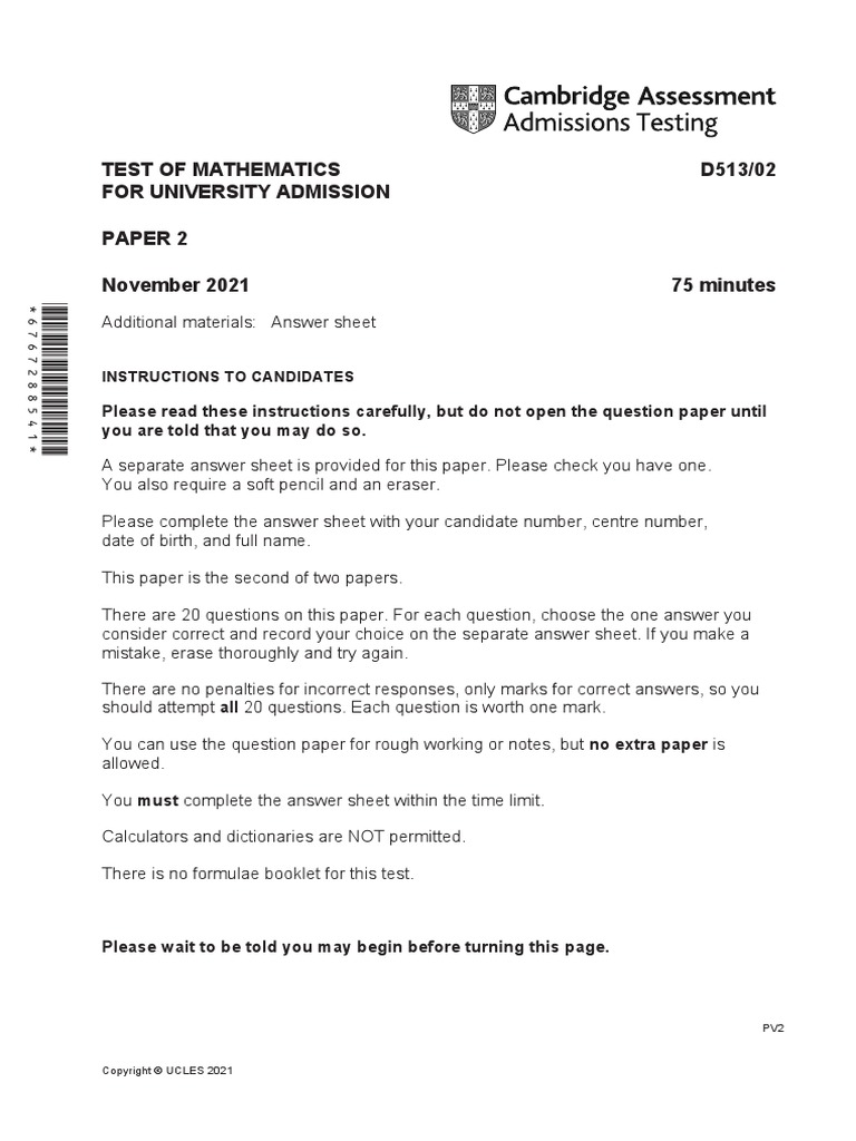 Test of Mathematics For University Admission 2021 Paper-2 | PDF ...