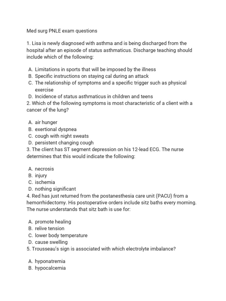 Med Surg PNLE Exam Questions | PDF | Medical Specialties | Clinical ...