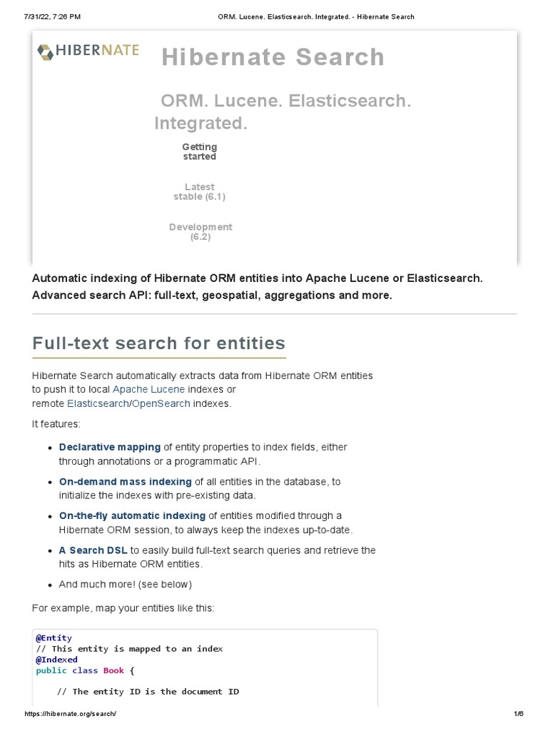 ORM. Lucene. Elasticsearch. Integrated. - Hibernate Search | PDF ... ORM. Lucene. Elasticsearch. Integrated. - Hibernate Search | PDF ...