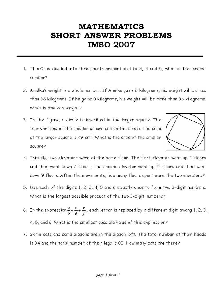 Mathematics Short Answer Problems IMSO 2007: F e D C B A | PDF | Area ...